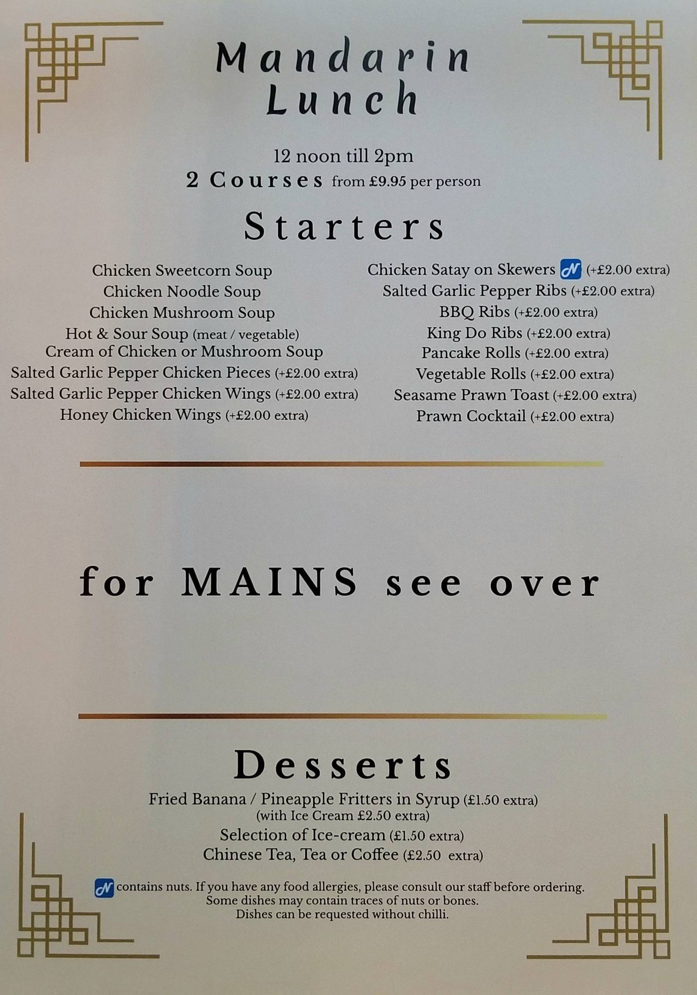 Menu at Mandarin restaurant, Helensburgh