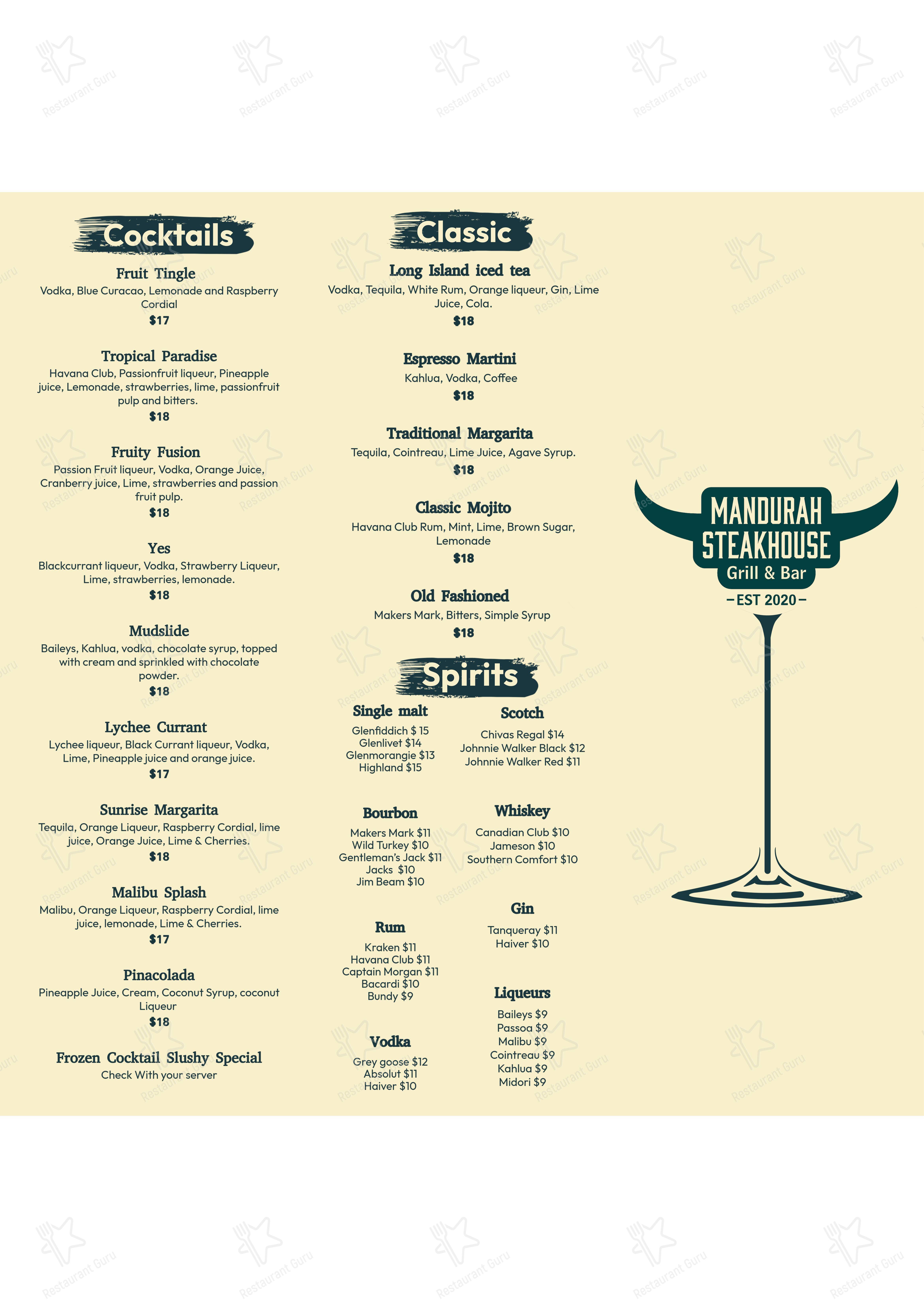 Menu at Mandurah Steakhouse, Mandurah