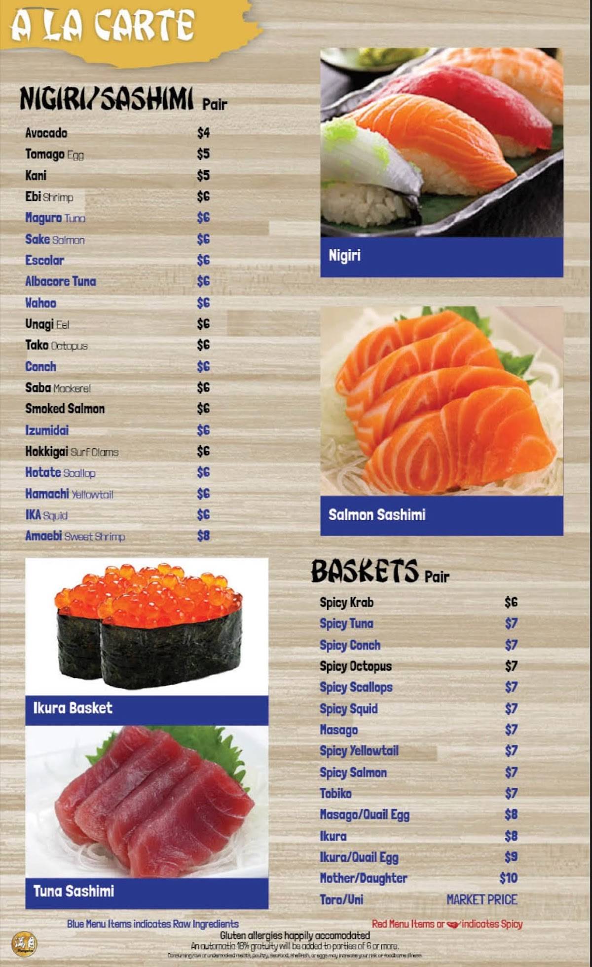 Menu at Mangetsu restaurant, Melbourne