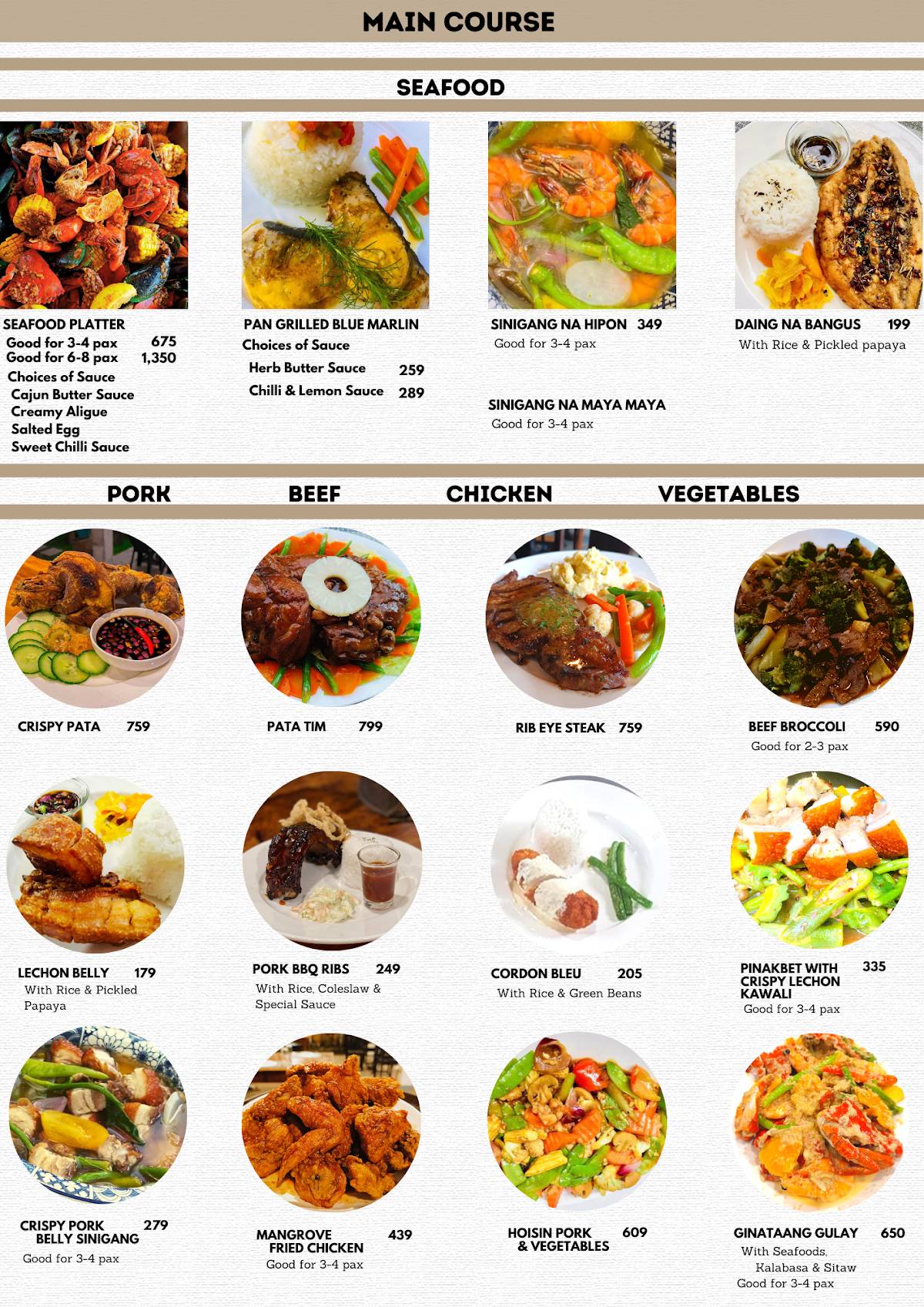 Menu at Mangrove Cafe, Gubat