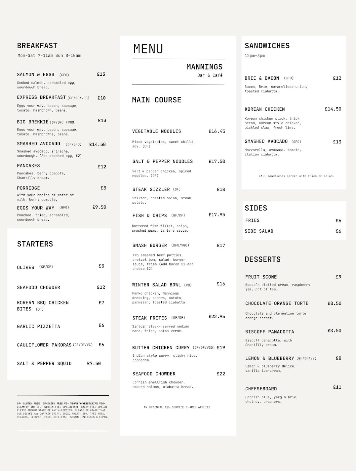 Menu at Mannings Bar & Restaurant, Truro