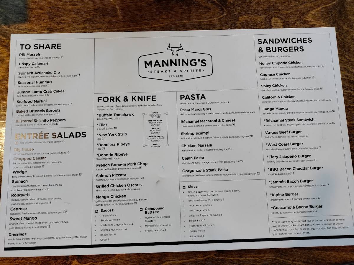 Menu at Manning's Steaks and Spirits steakhouse, Lakewood
