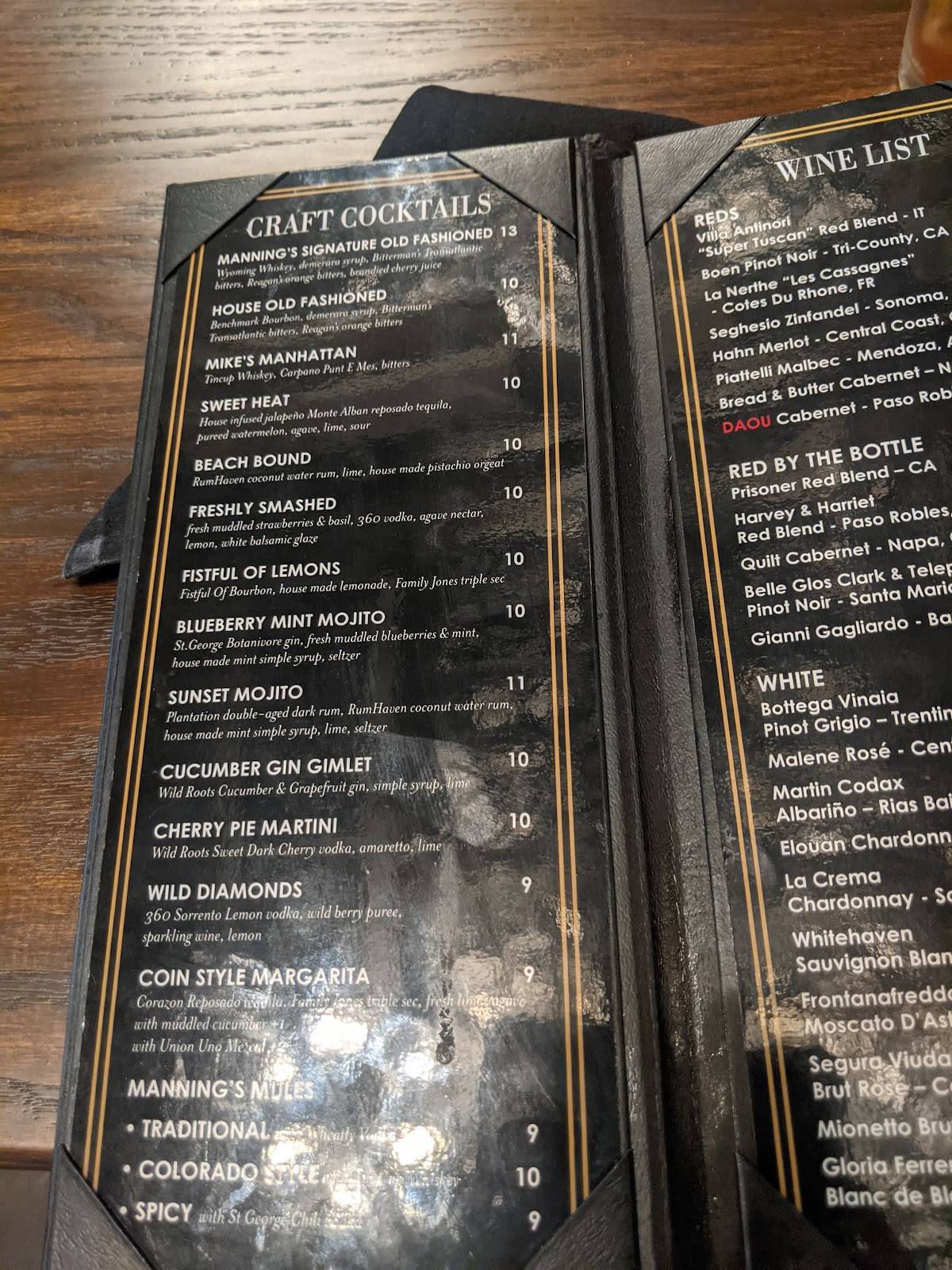 Menu at Manning's Steaks and Spirits steakhouse, Lakewood