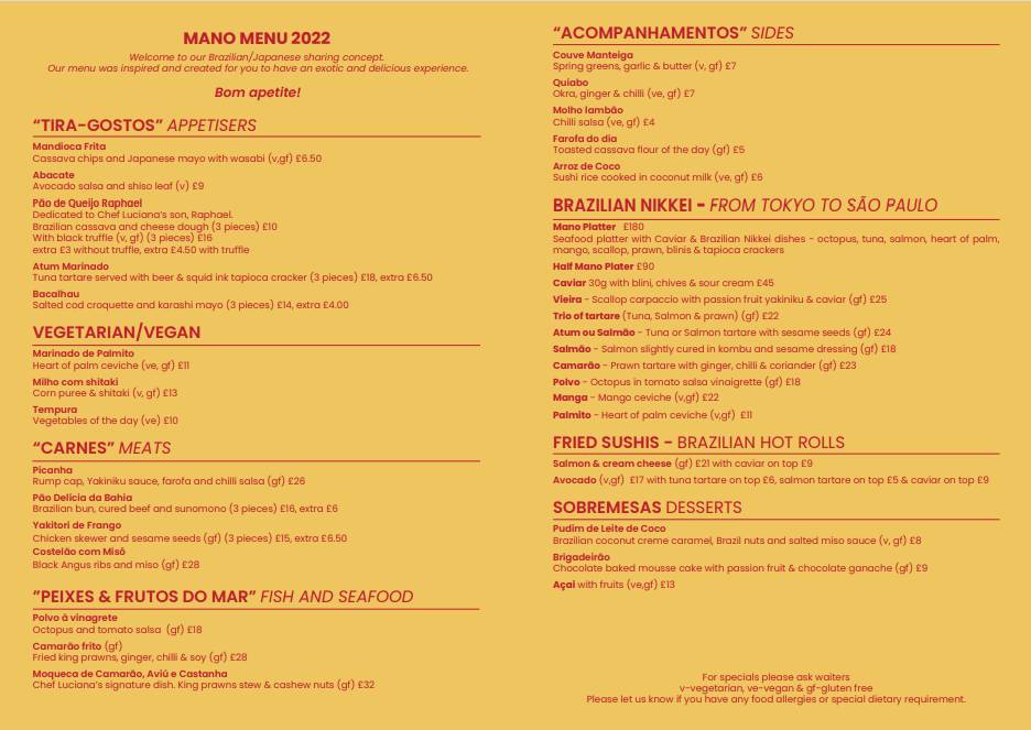 Menu at Mano Mayfair restaurant, London, 4 Mill St