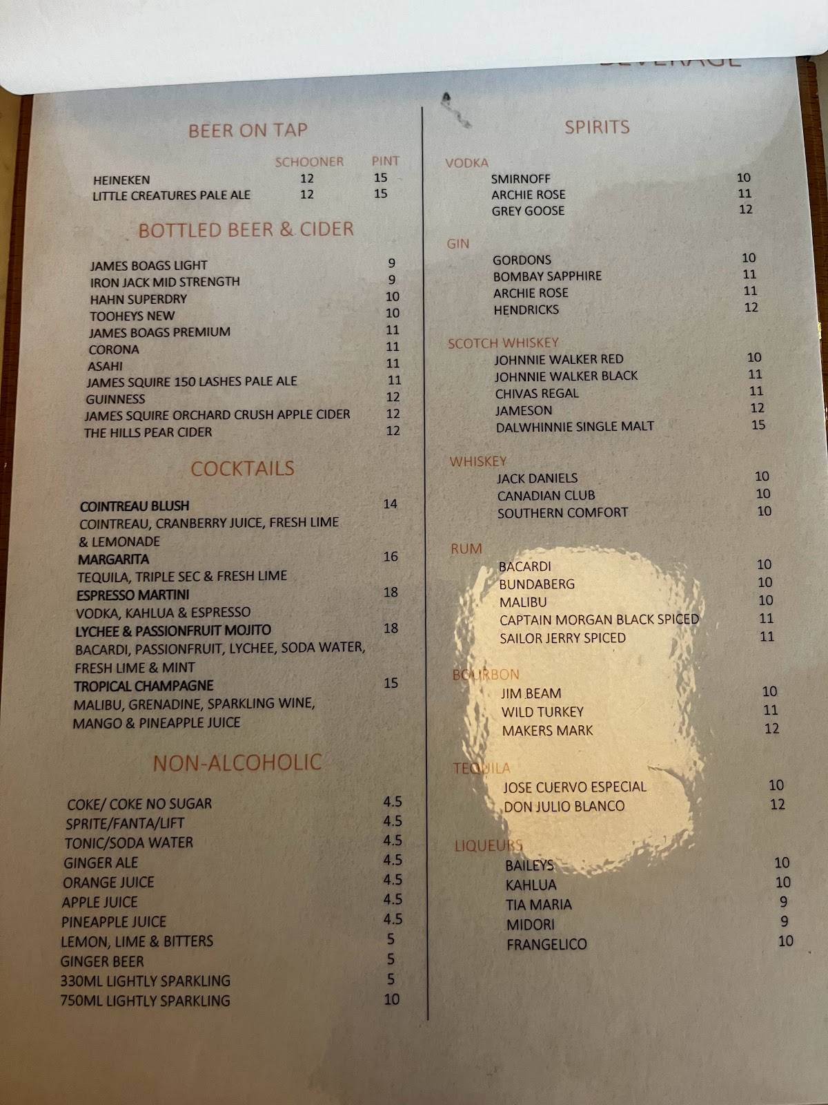 Menu at Mantra on Sydney Airport Restaurant, Mascot
