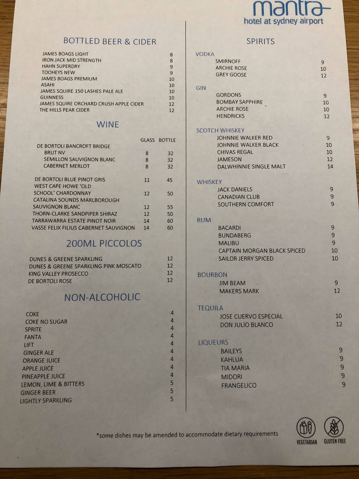 Menu at Mantra on Sydney Airport Restaurant, Mascot