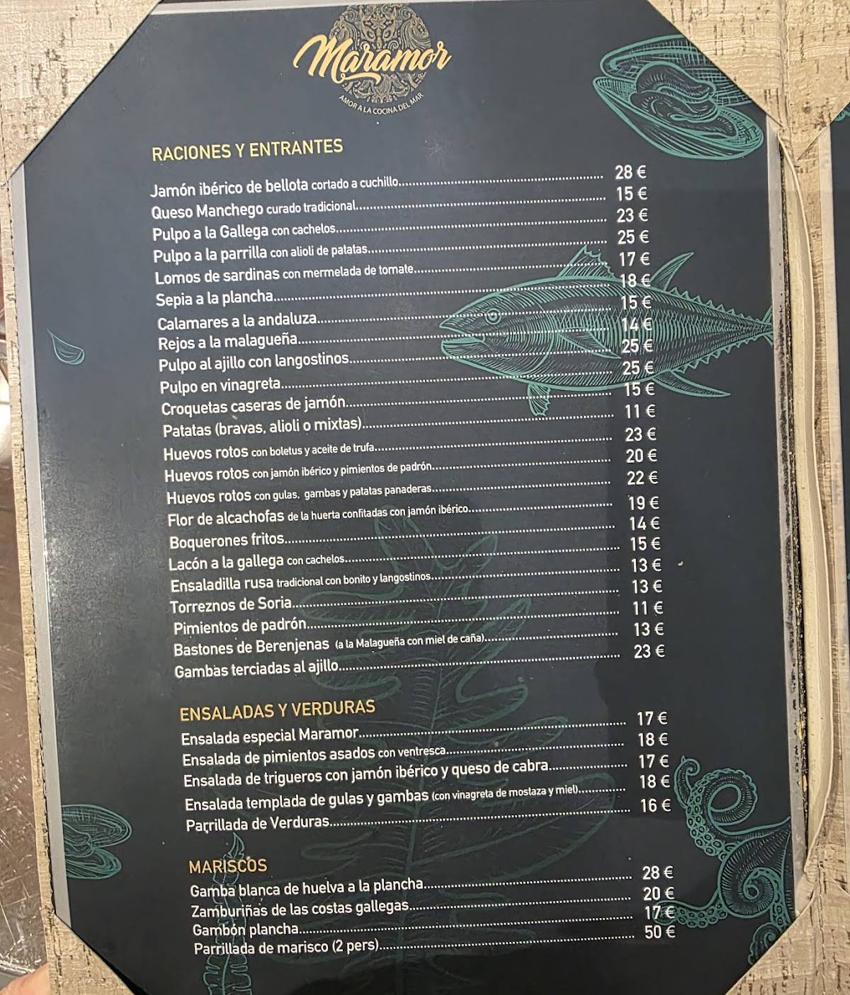 Carta del restaurante Maramor, Madrid
