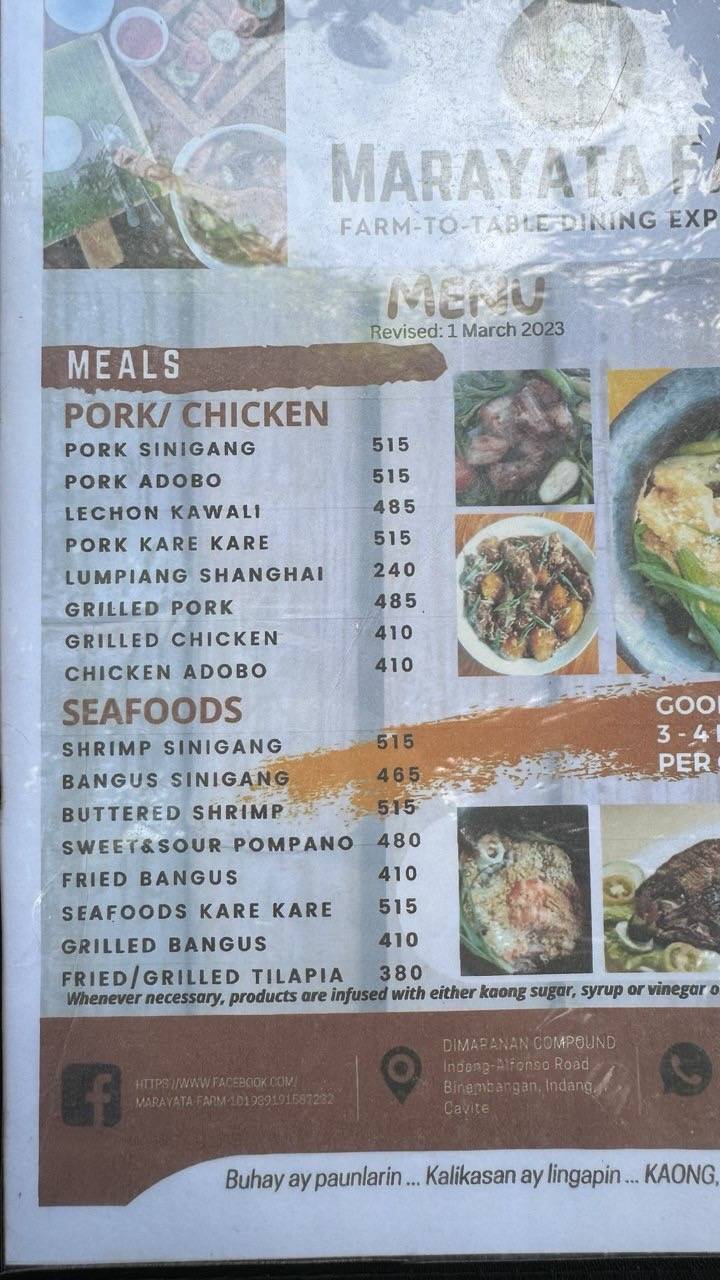 Menu at Marayata Farm restaurant, Indang