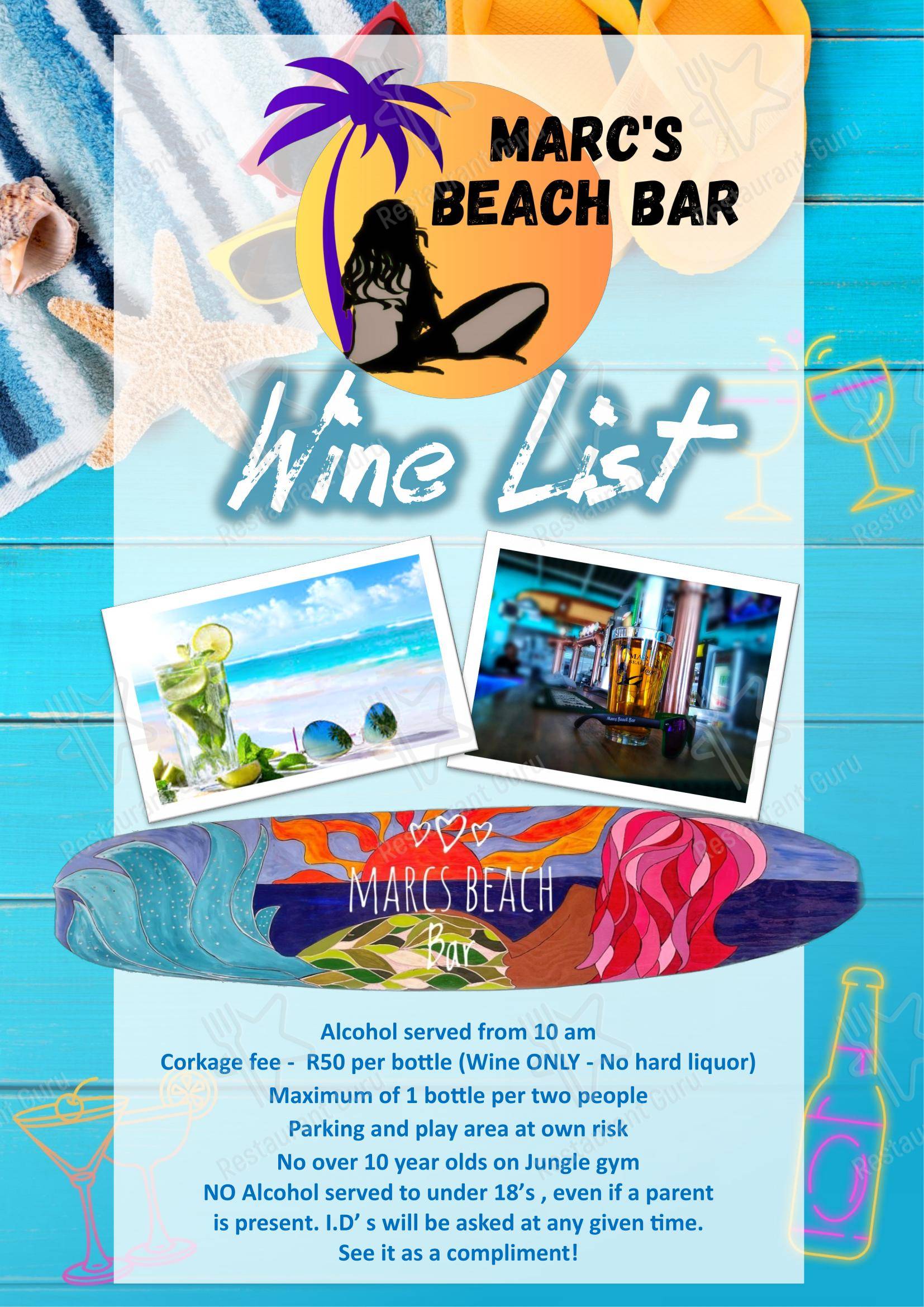 Menu at Marc's Beach Bar, Langebaan, Club Mykonos Resort