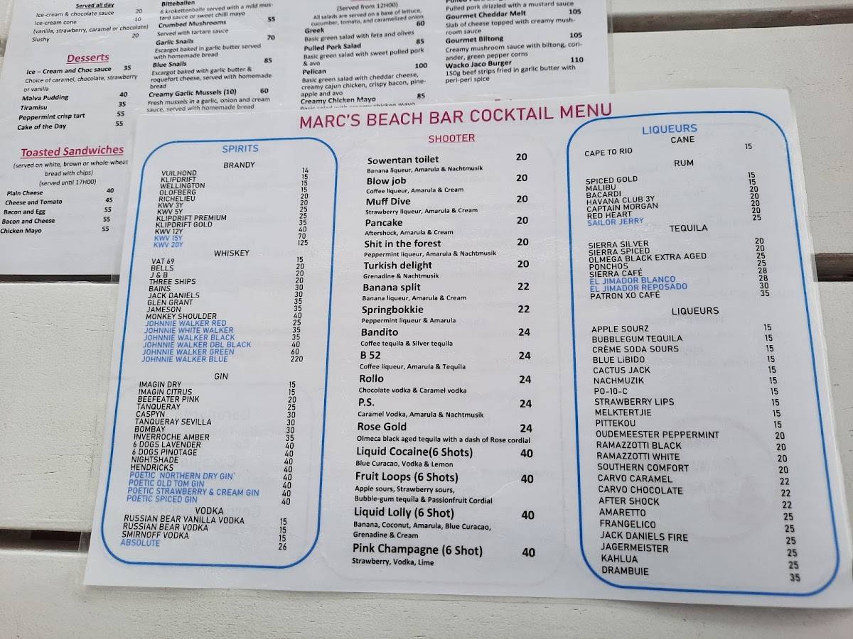Menu at Marc's Beach Bar, Langebaan, Club Mykonos Resort
