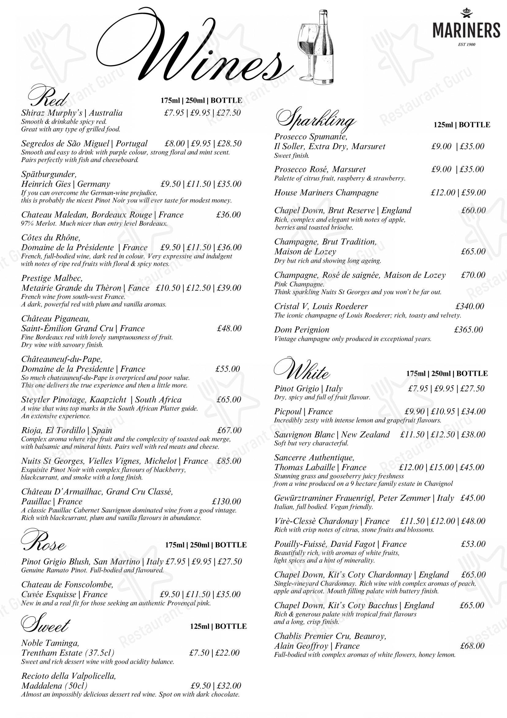 Menu at Mariners Restaurant, Ipswich
