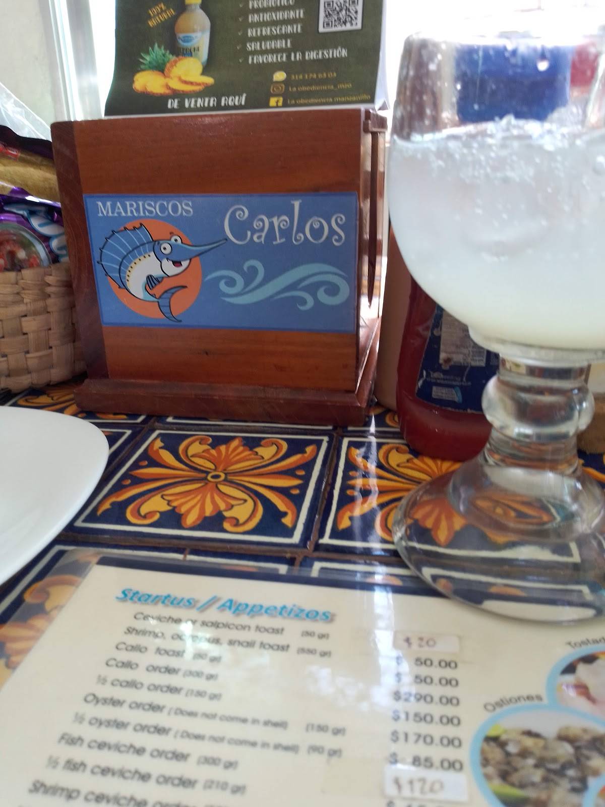Carta del restaurante Mariscos Carlos, Manzanillo