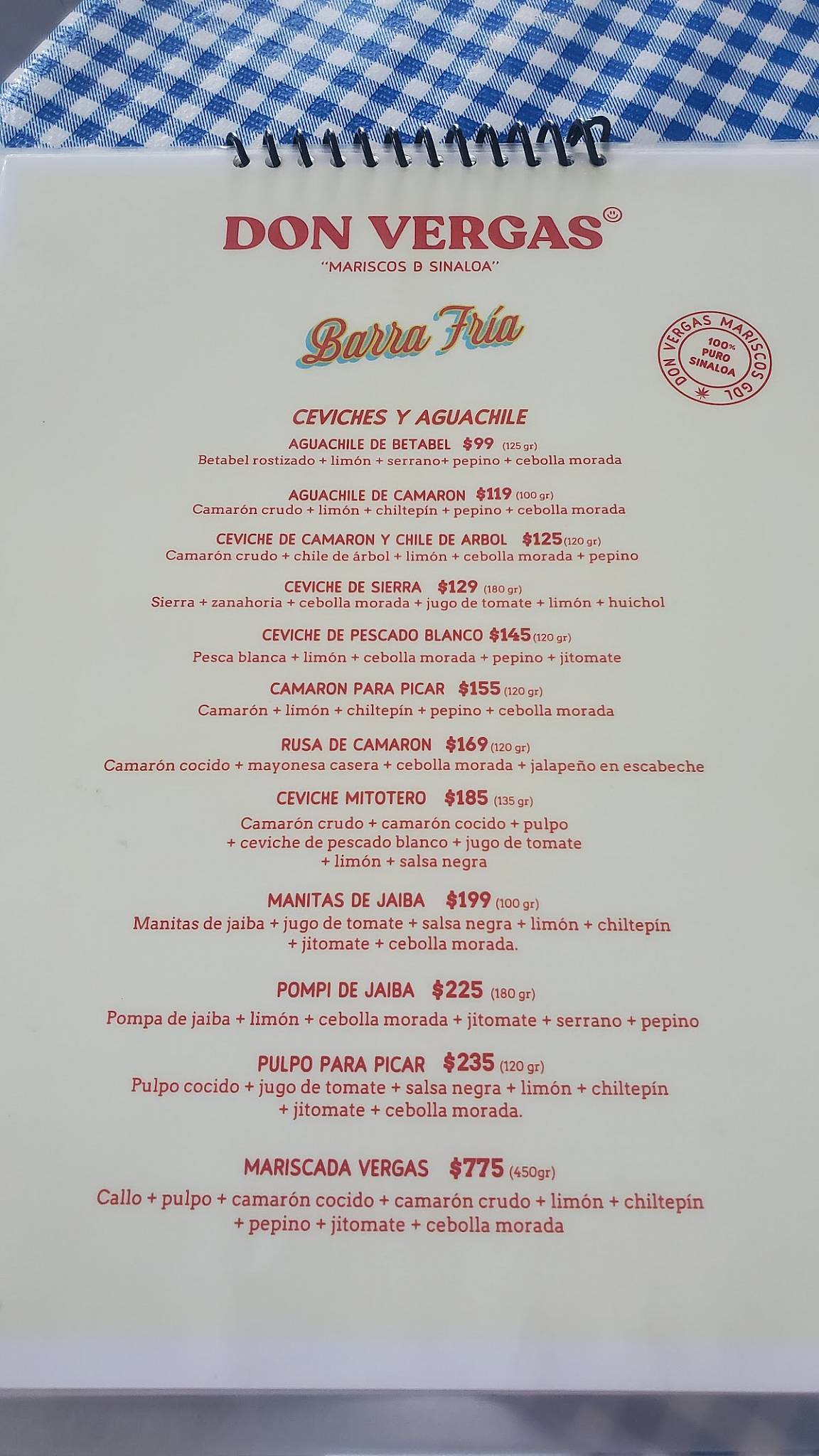 Carta del restaurante Mariscos Don Vergas, Guadalajara