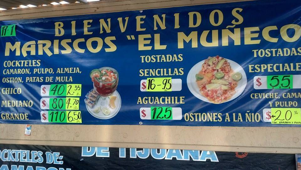 Menu at Mariscos El Muñeco restaurant, Tijuana
