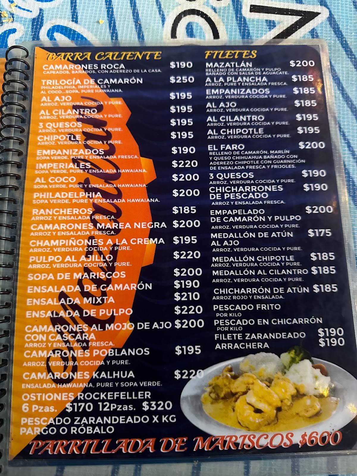 Carta del restaurante Mariscos Marea Negra, Mazatlán