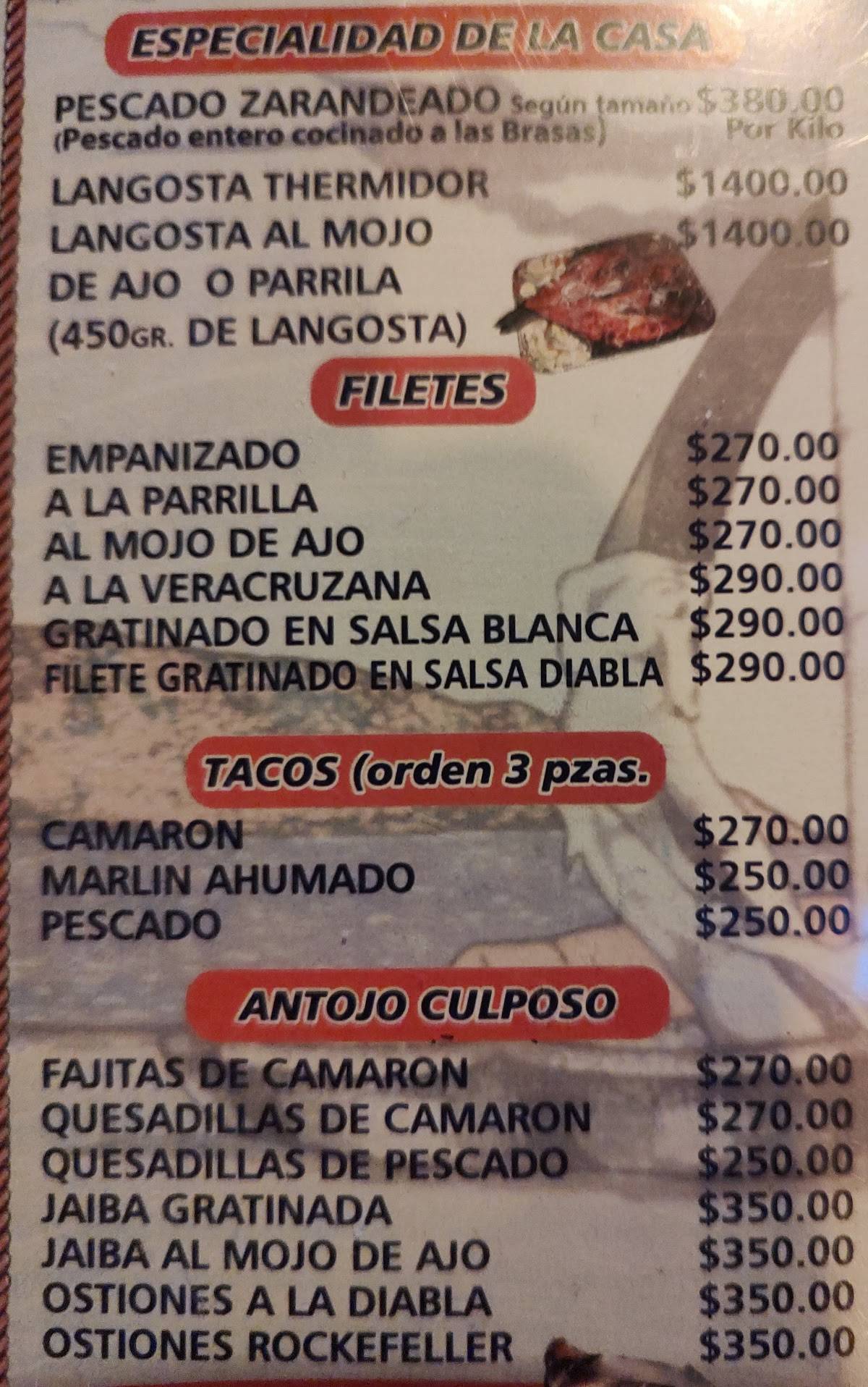 Menu at Mariscos Mazatlán restaurant, Cabo San Lucas