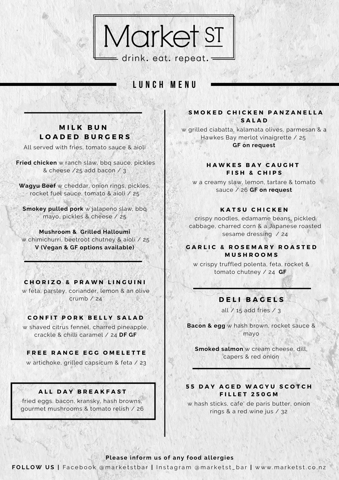 Menu at Market St restaurant, Napier