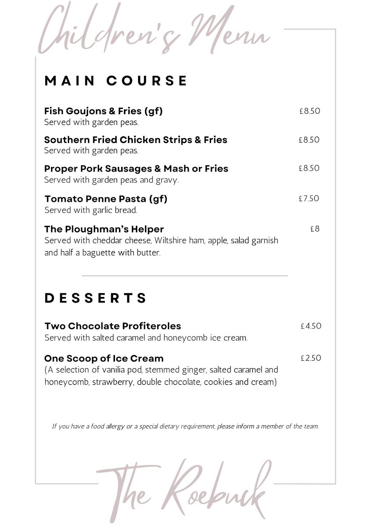 Menu at The Roebuck pub & bar, Marlborough, London Rd
