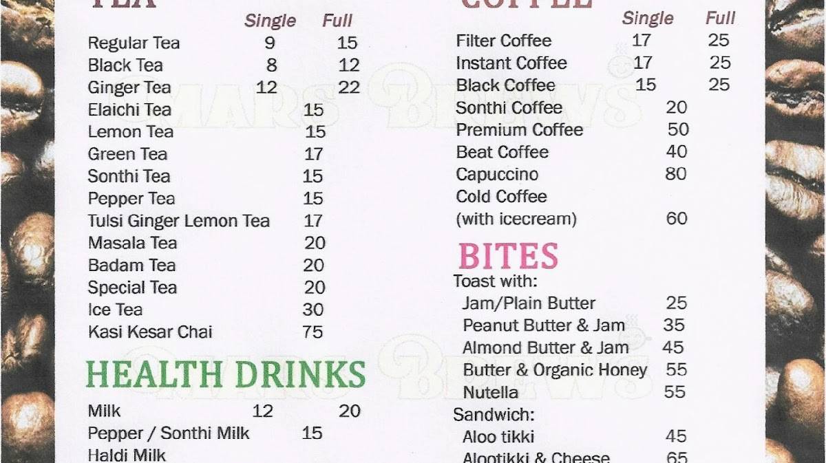 Menu at Mars Brews Cafe Best Coffee shop, Hyderabad