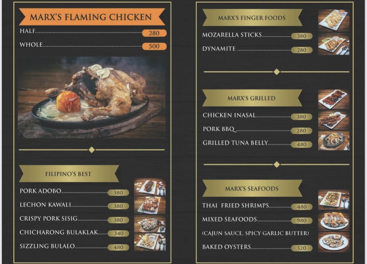 Menu at Marx Tavern restaurant, Makati