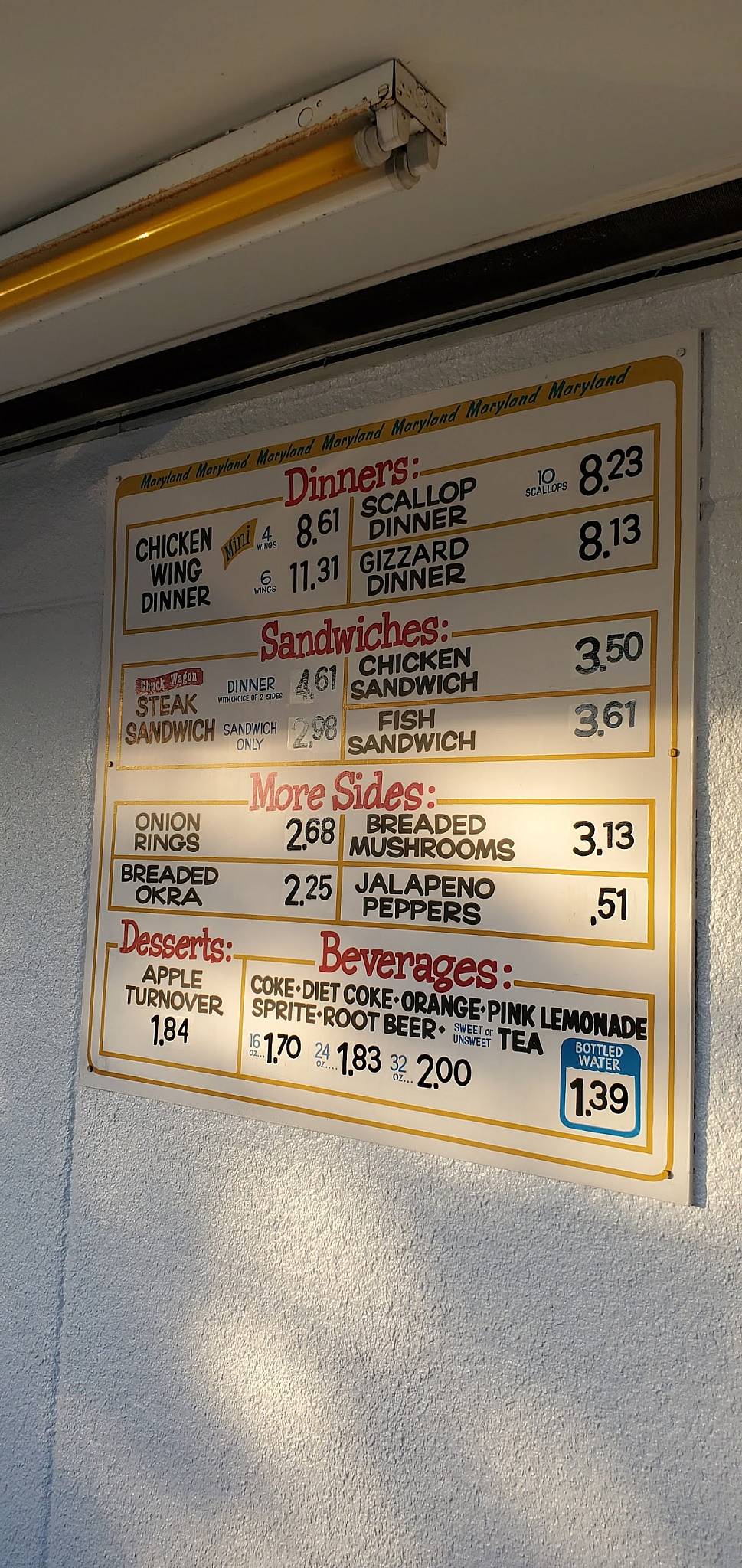 Menu at Maryland Fried Chicken restaurant, Plant City
