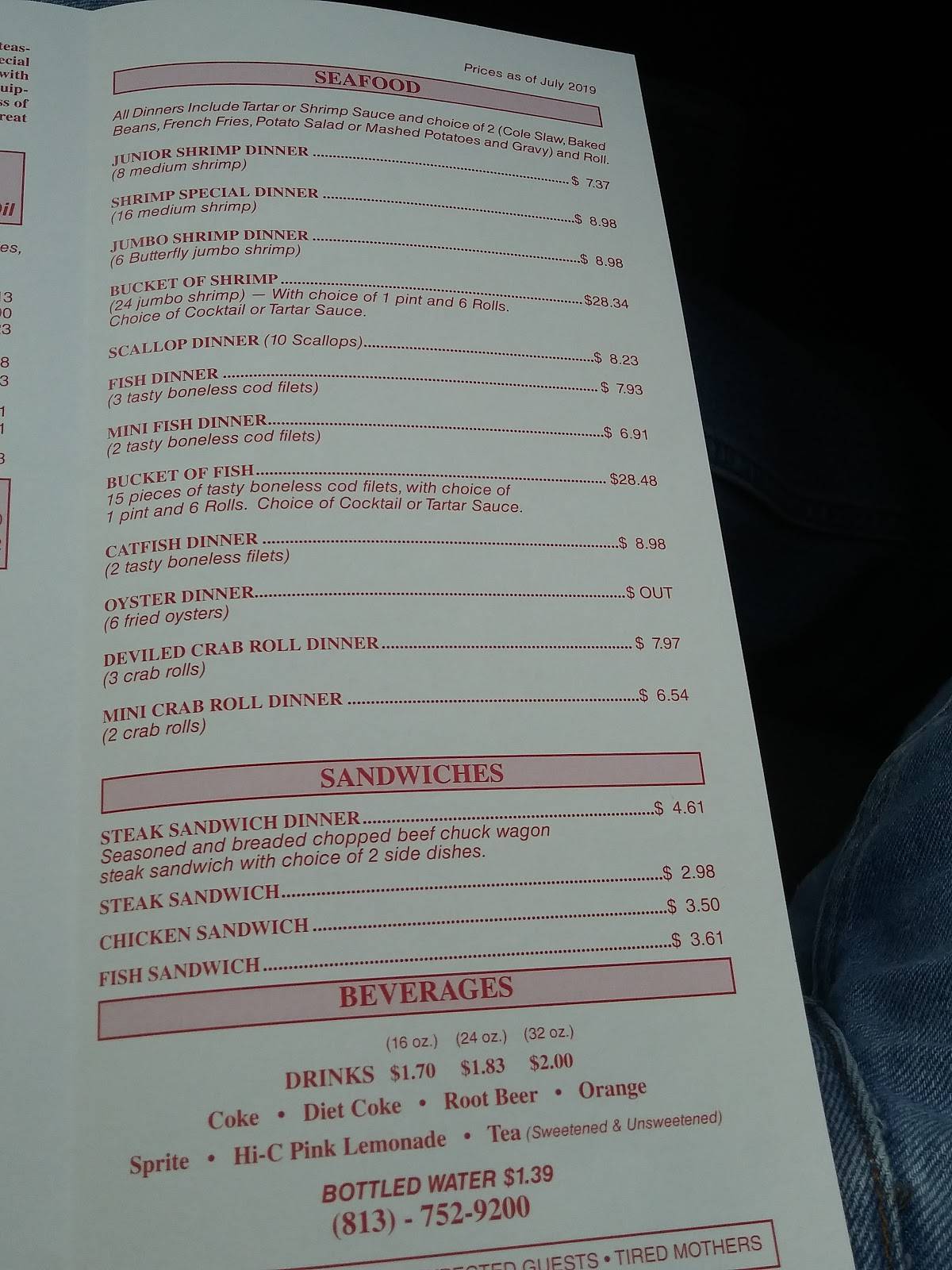 Menu at Maryland Fried Chicken restaurant, Plant City