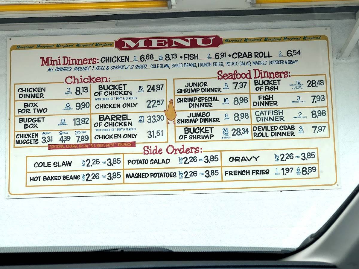 Menu at Maryland Fried Chicken restaurant, Plant City
