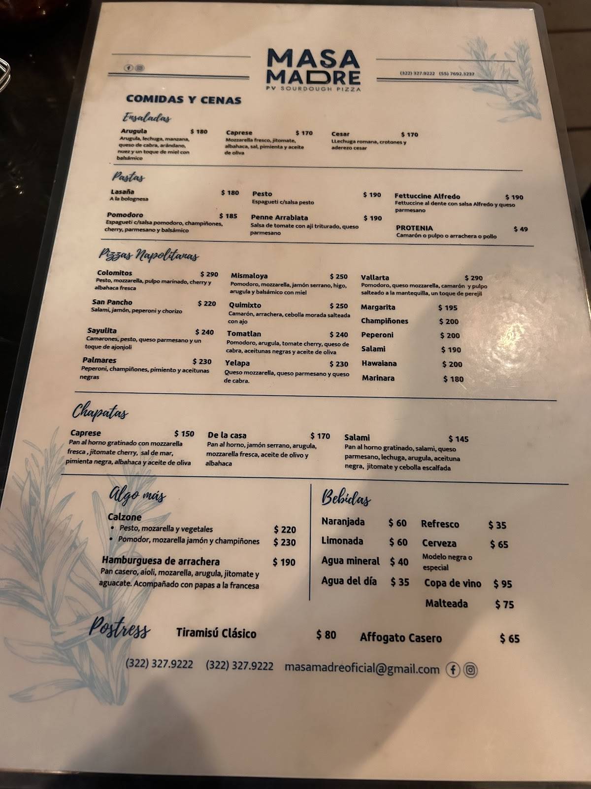 Menu at Masa Madre pizzeria, Puerto Vallarta