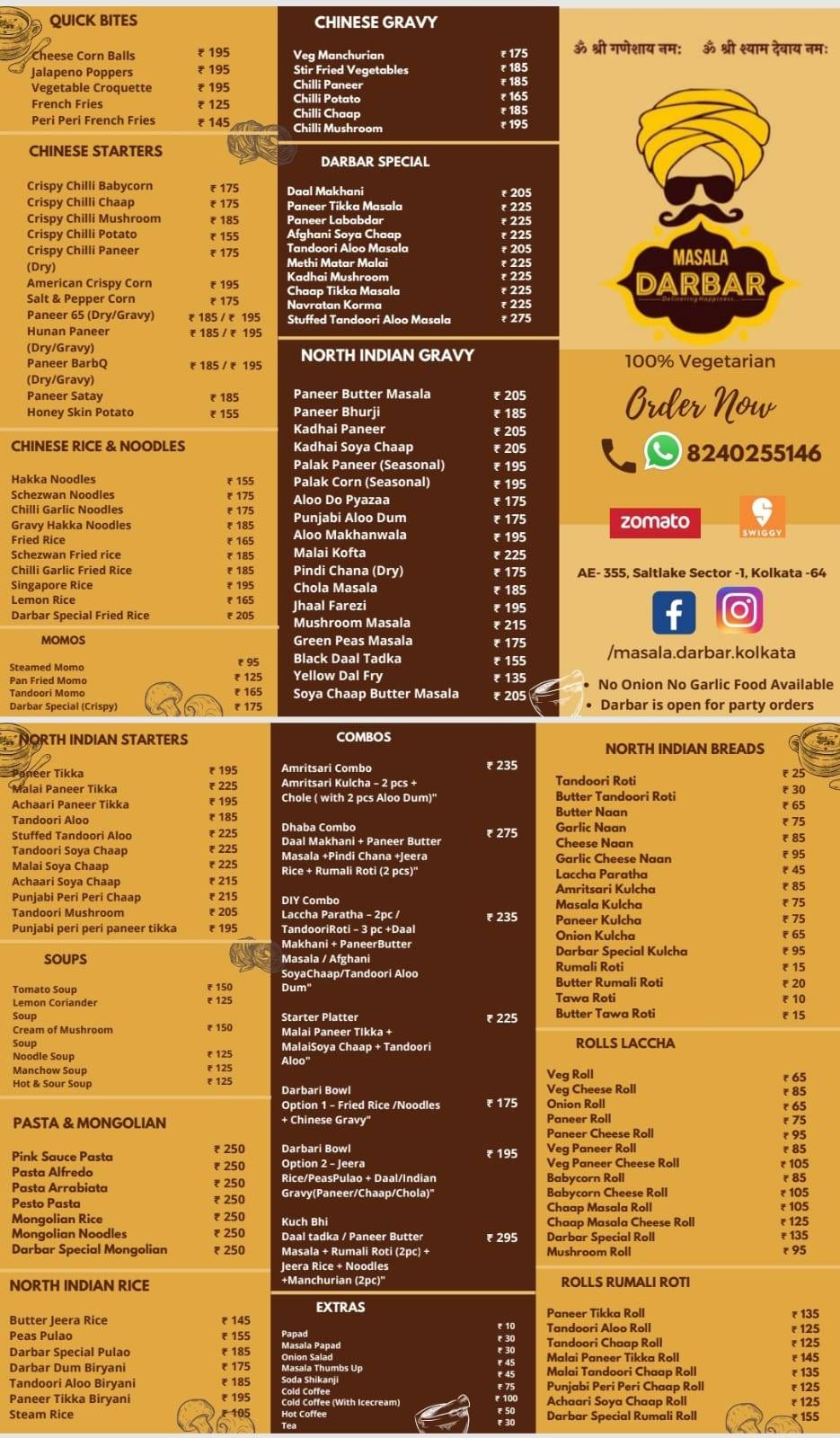 Menu at Masala Darbar, Chandi