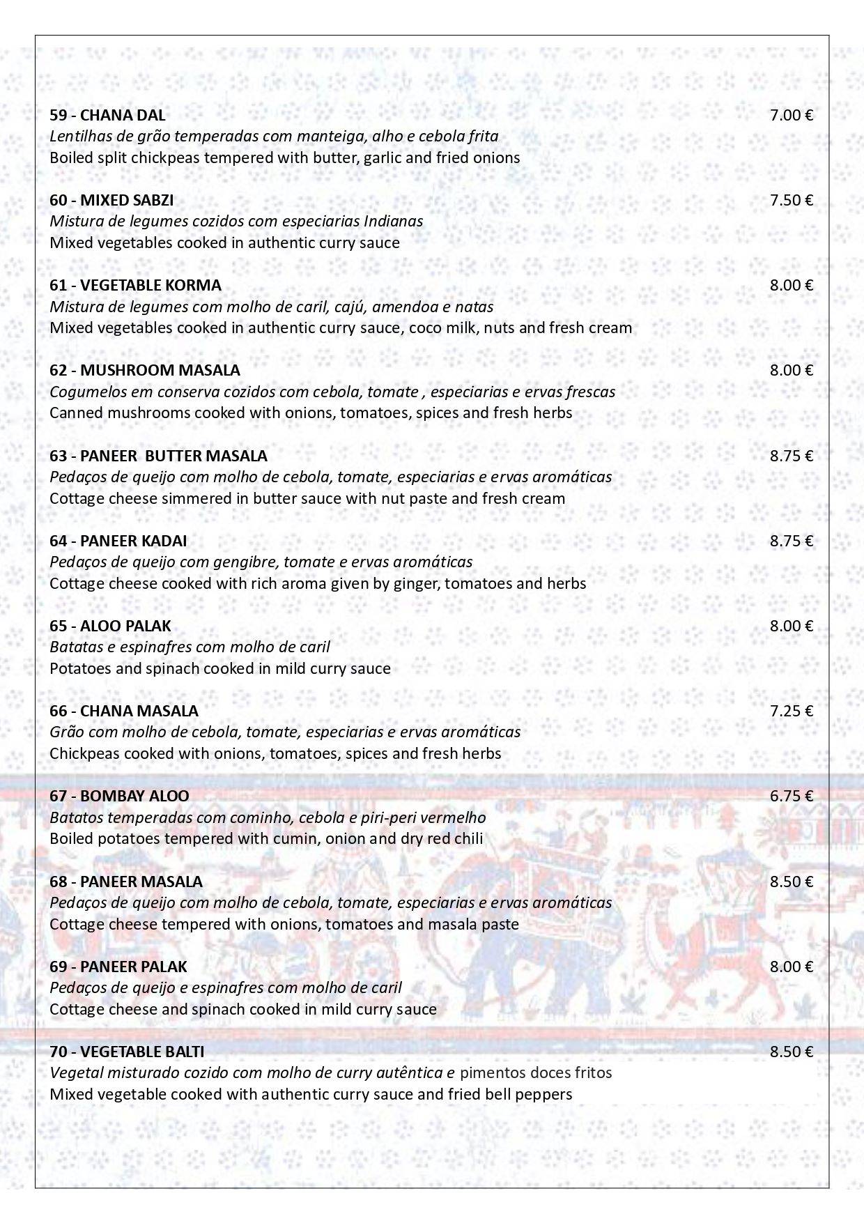 Menu at Masala House restaurant, Portimão, Rua Carlos da Maia 14