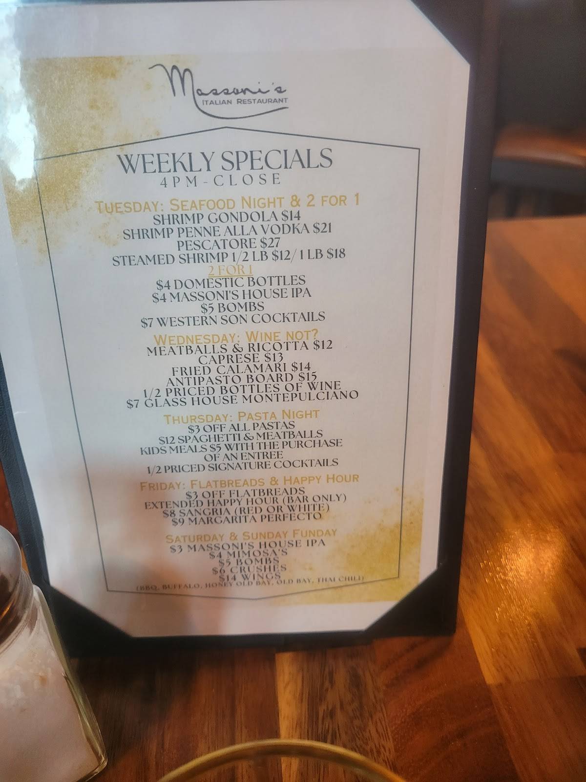 Menu at Massoni's Italian Restaurant, Nottingham