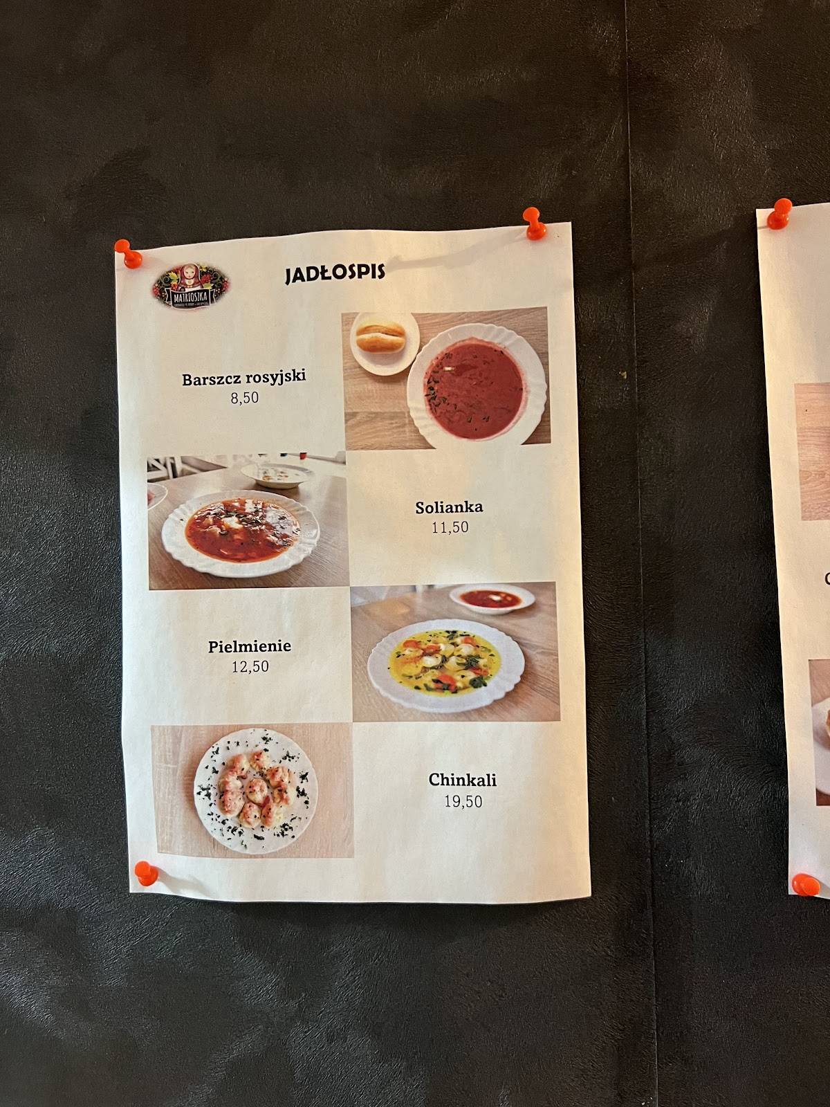 Menu at Matrioszka restaurant, Radom