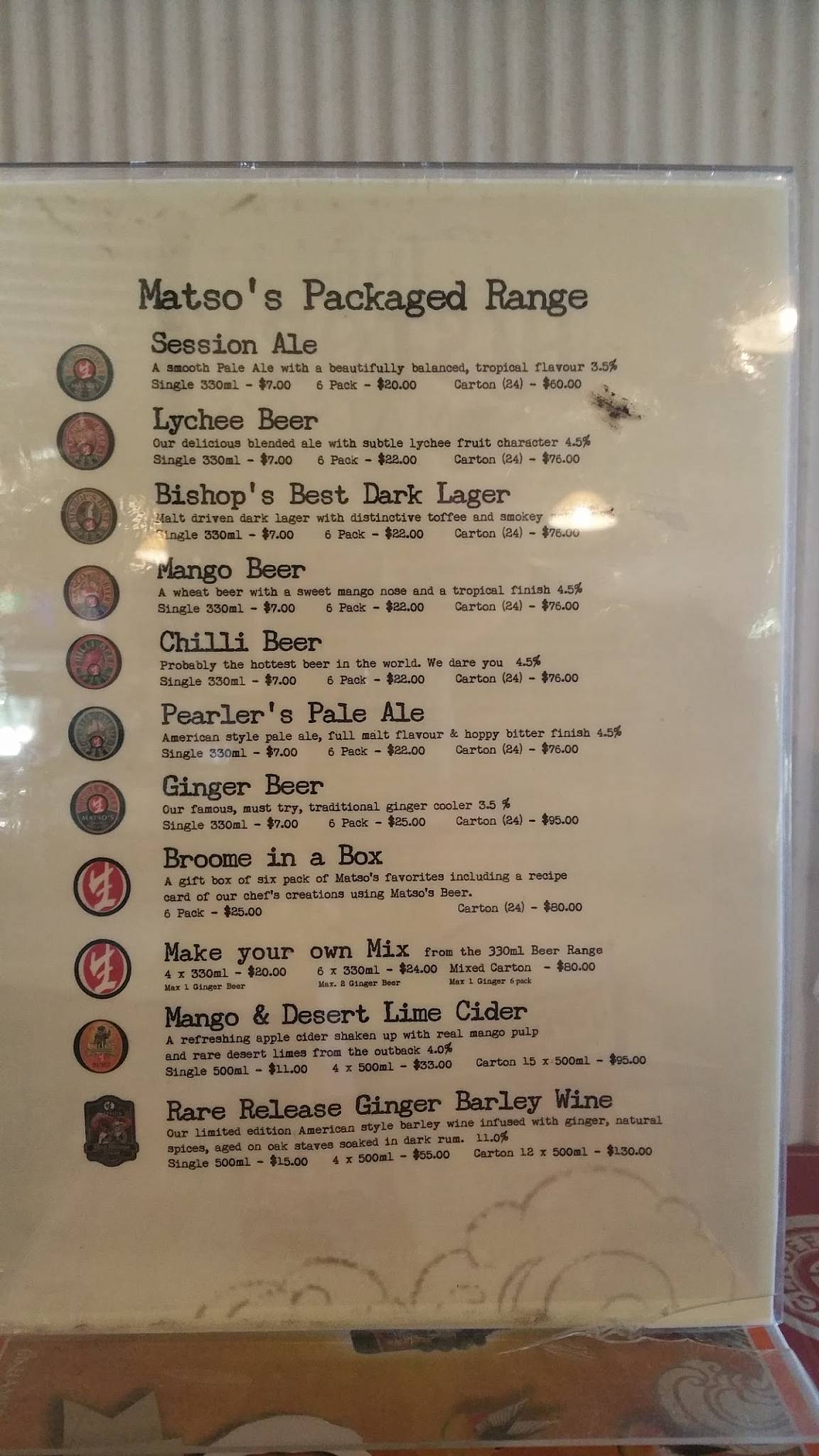Menu at Matso's Broome Brewery restaurant, Broome, 60 Hamersley St