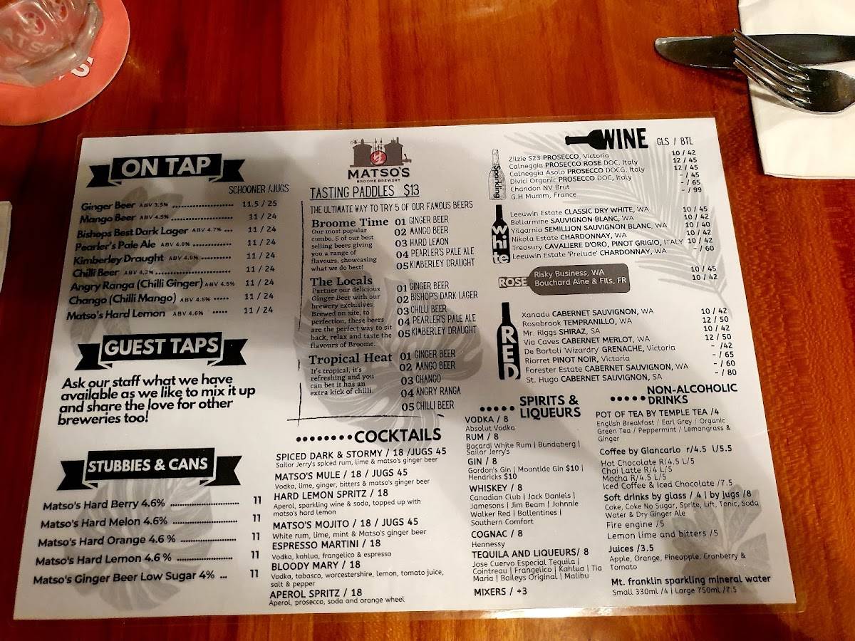 Menu at Matso's Broome Brewery restaurant, Broome, 60 Hamersley St