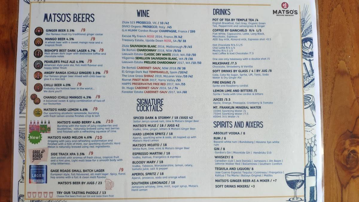 Menu at Matso's Broome Brewery restaurant, Broome, 60 Hamersley St