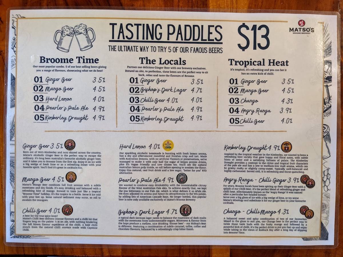 Menu at Matso's Broome Brewery restaurant, Broome, 60 Hamersley St