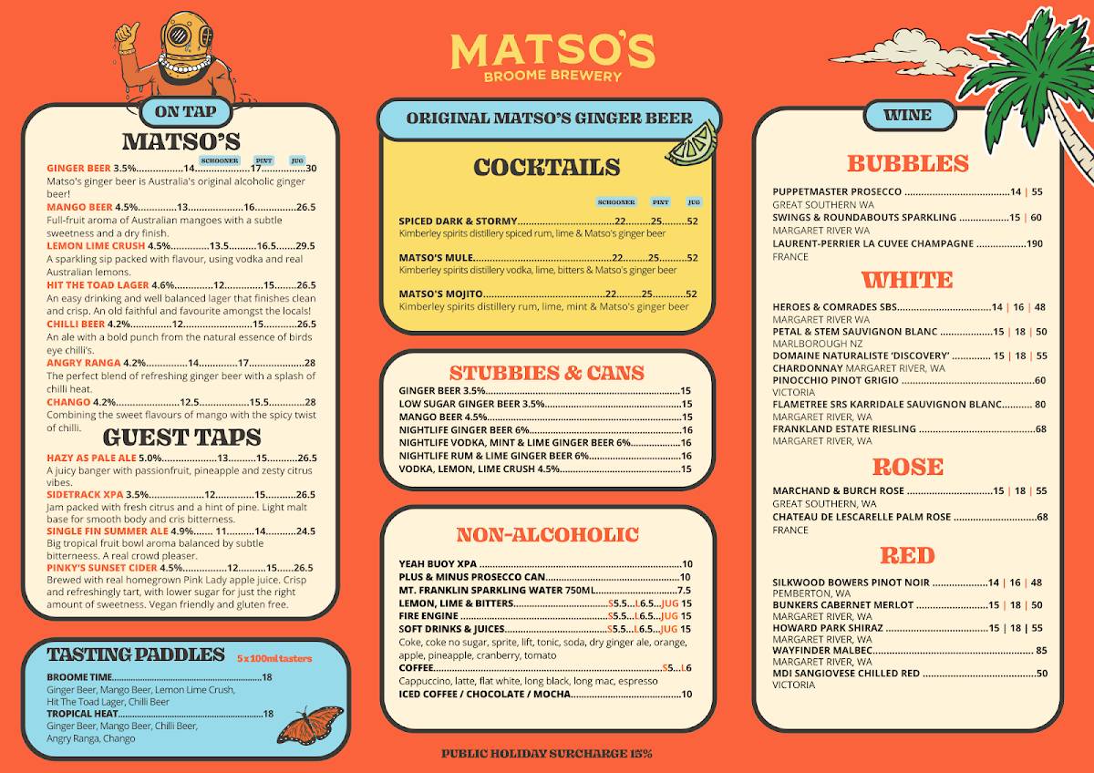 Menu at Matso's Broome Brewery restaurant, Broome, 60 Hamersley St