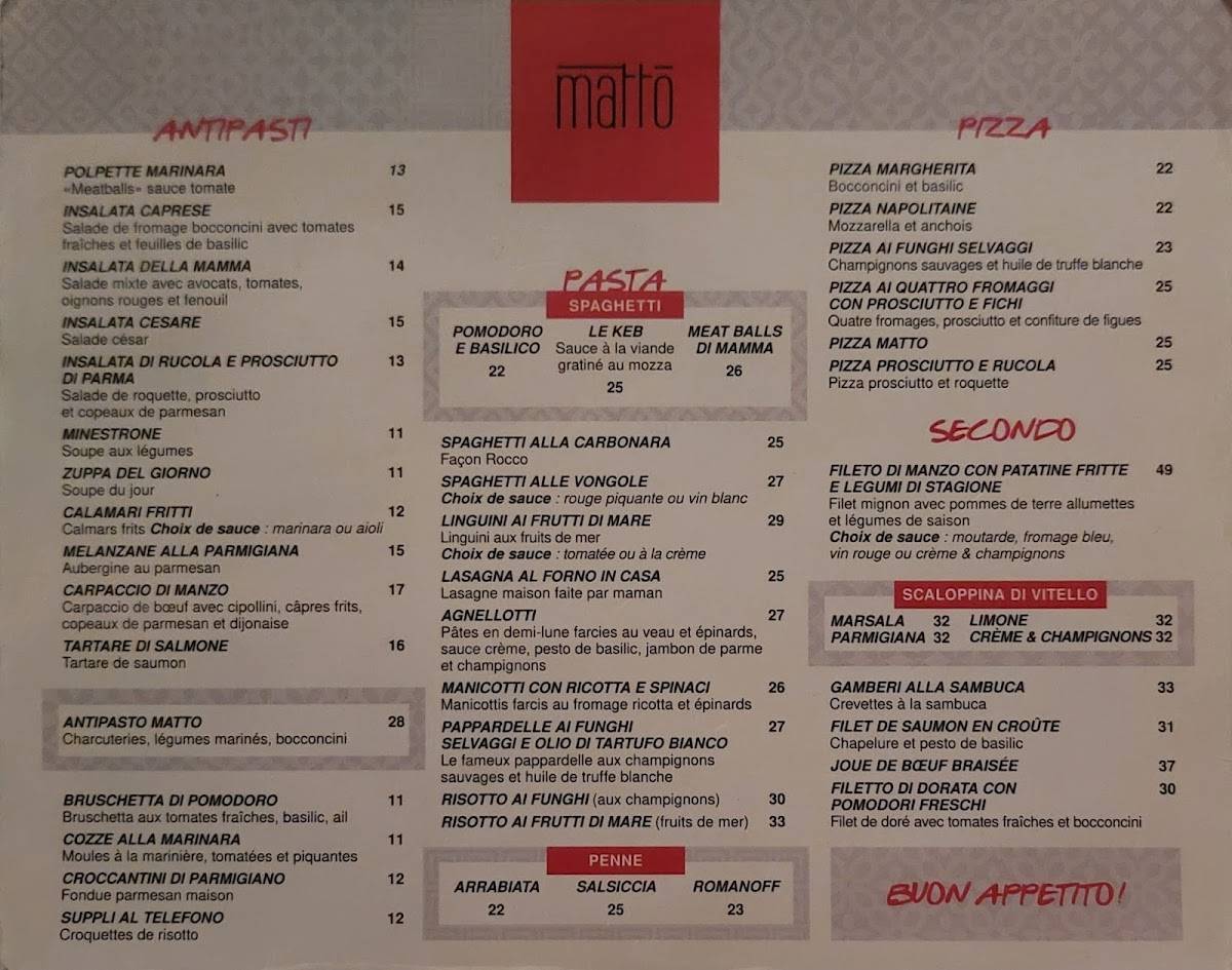 Menu au Il Matto restaurant, Québec, 71 Rue Saint-Pierre