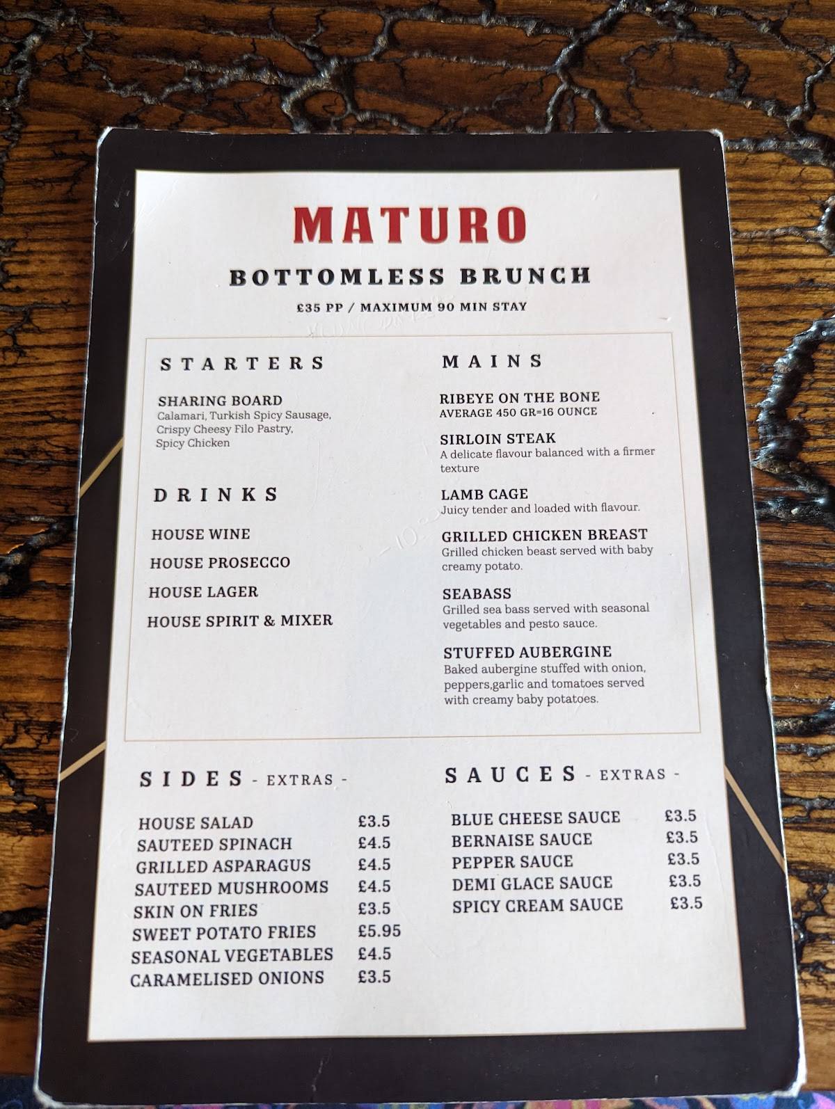 Menu at Maturo Meathouse steakhouse, Manchester