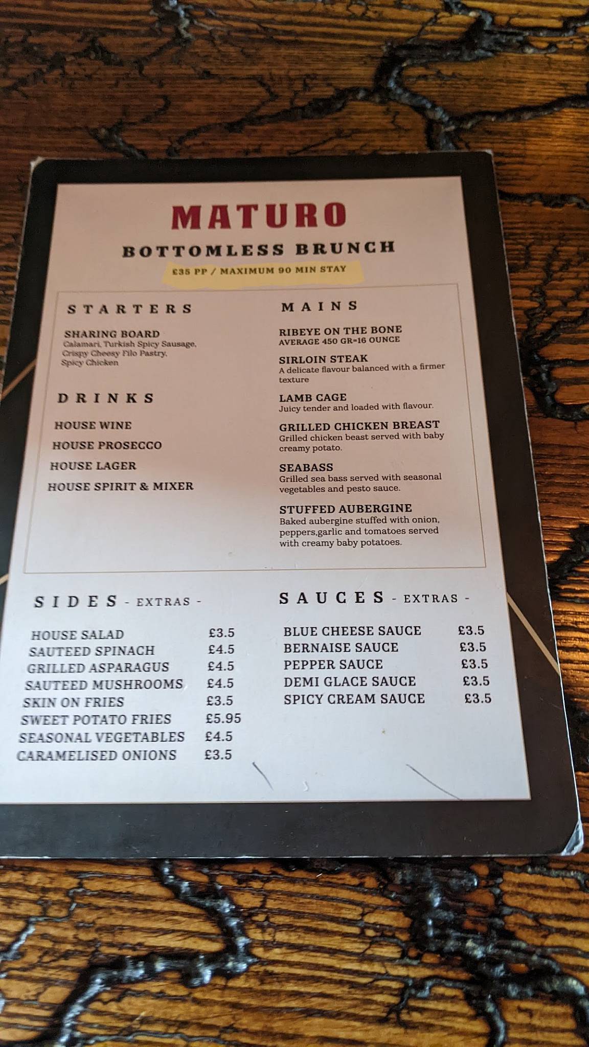 Menu at Maturo Meathouse steakhouse, Manchester