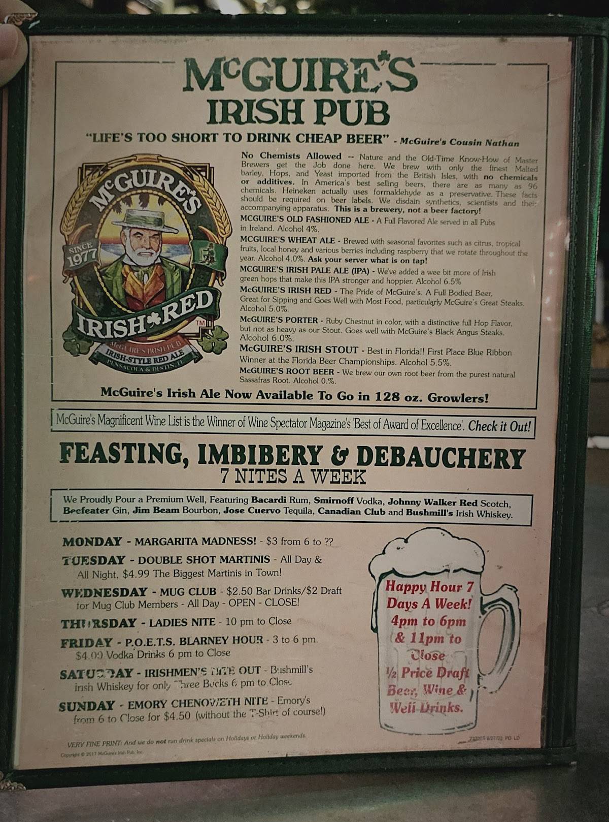 Menu at McGuire's Irish Pub of Destin, Destin, 33 US-98