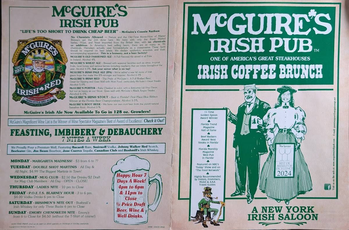 Menu at McGuire's Irish Pub of Destin, Destin, 33 US-98