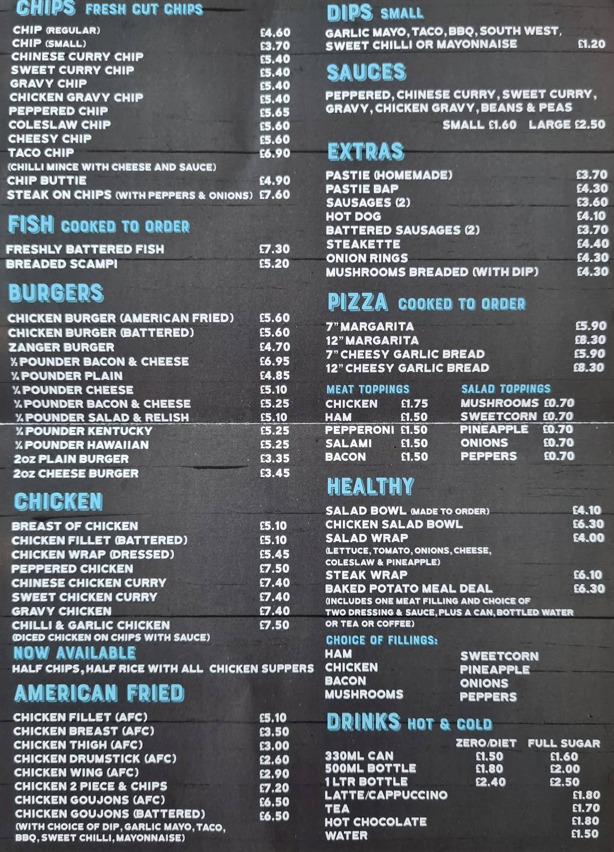 Menu at McIlroy's fast food, Crumlin