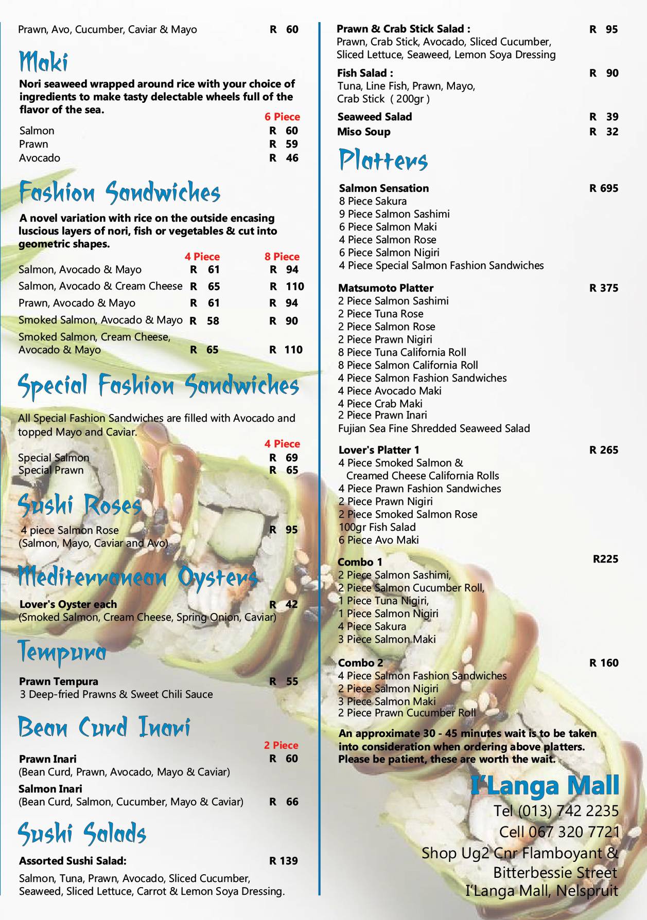 Menu at Mediterranean restaurant, Nelspruit, Riverside Mall