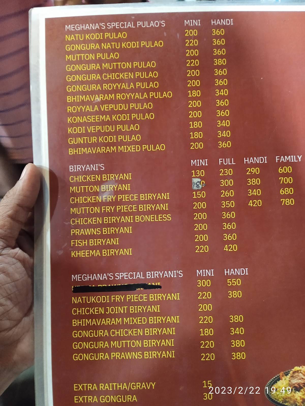 Menu at Meghana's Biryani, Hyderabad