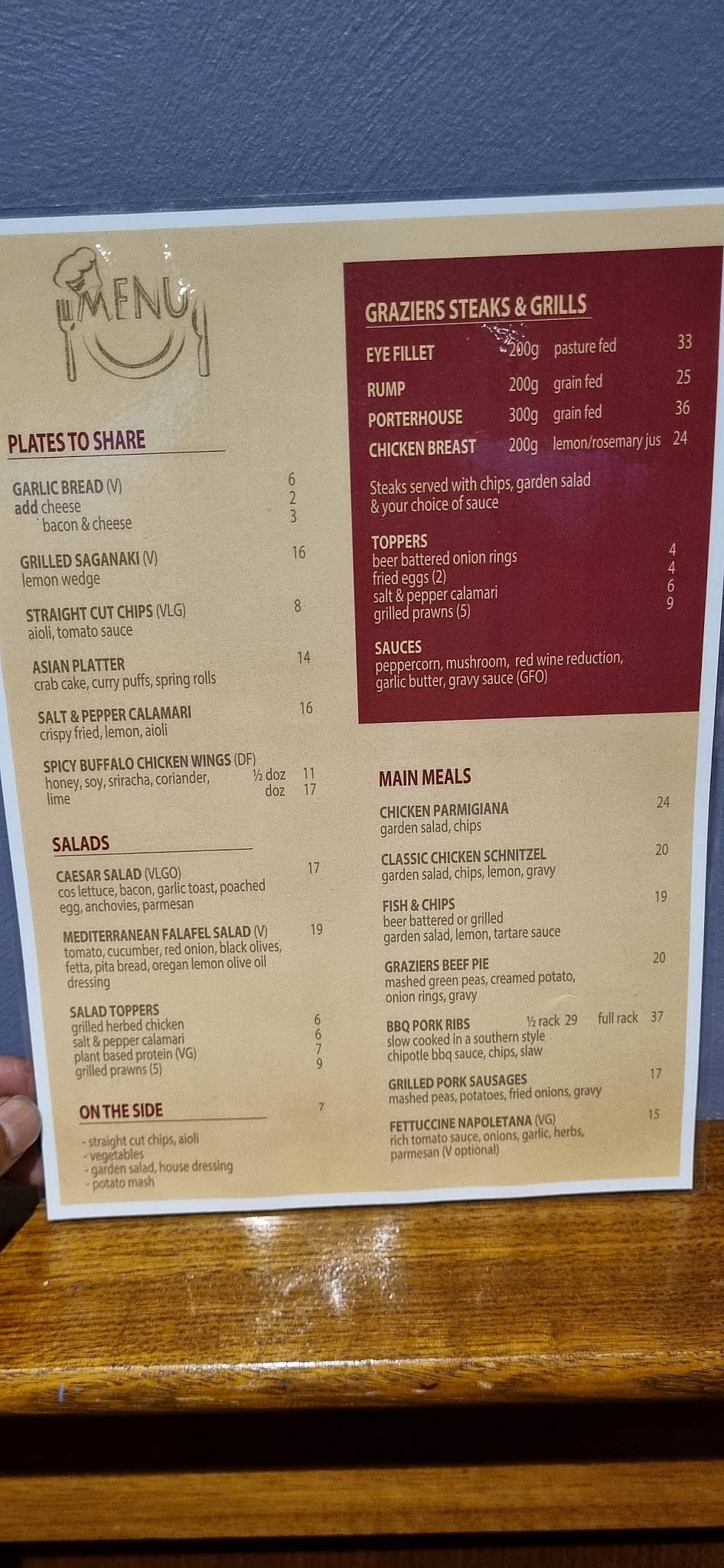 Menu at Royal Oak restaurant, Richmond, 527 Bridge Rd