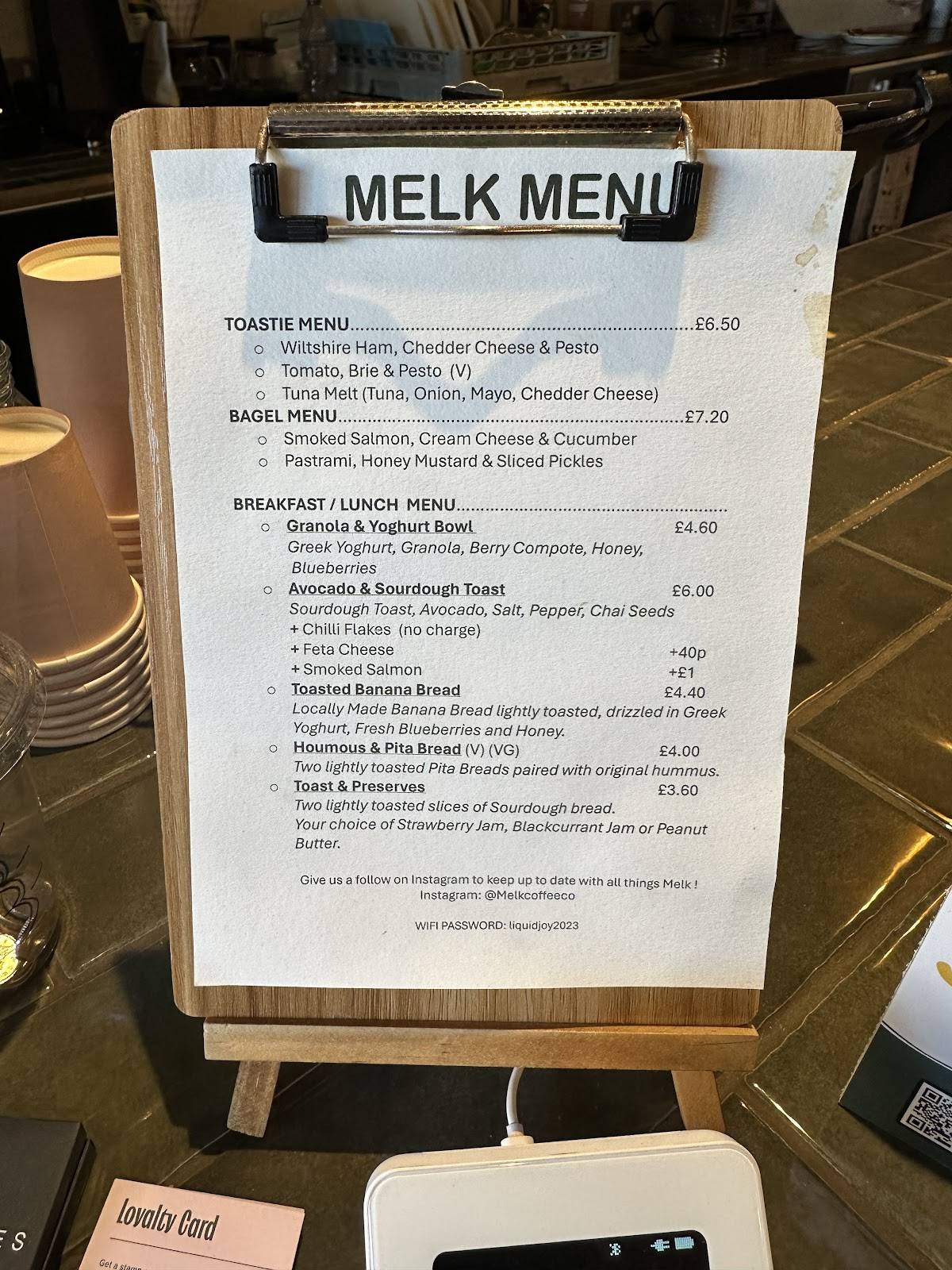 Menu at Melk Coffee Co., Sidcup