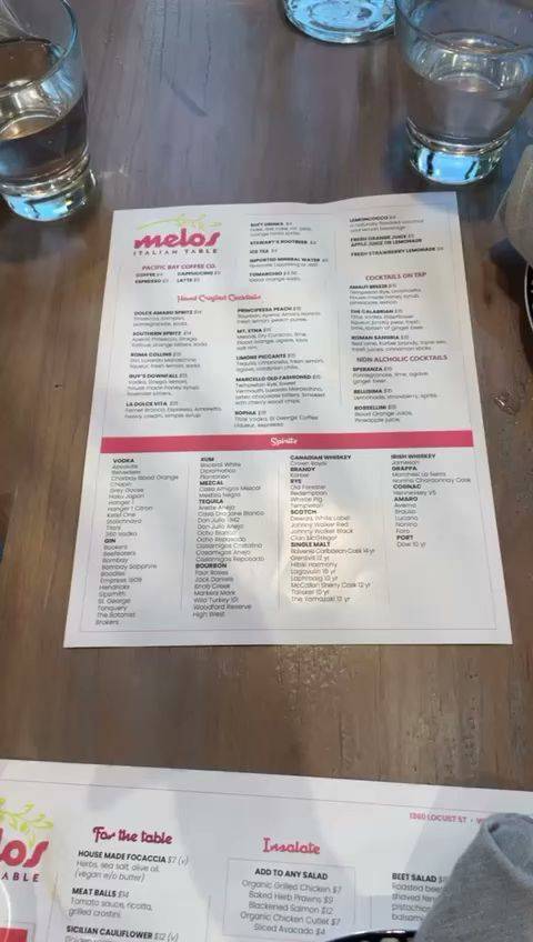 Menu at Melo's Italian Table restaurant, Walnut Creek