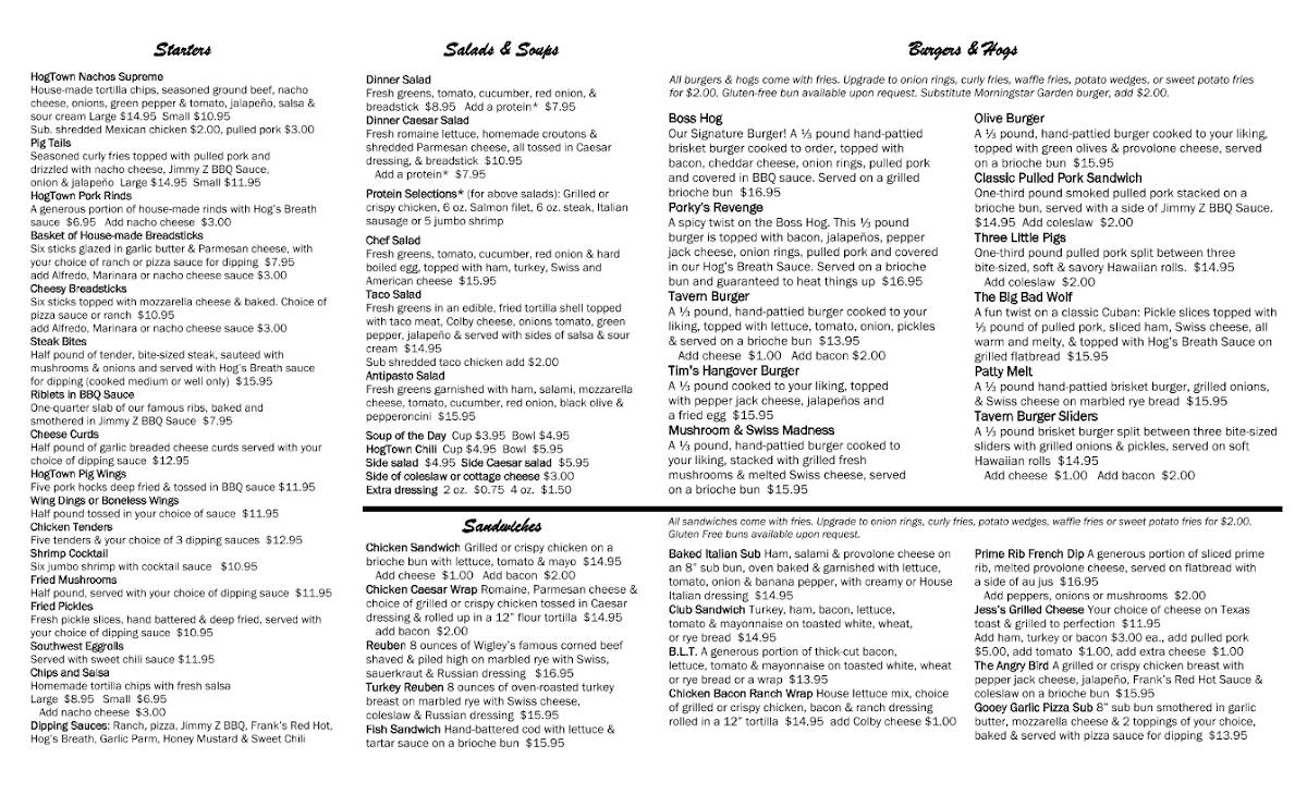 Menu at Melvin "Hog Town" Tavern pub & bar, Melvin