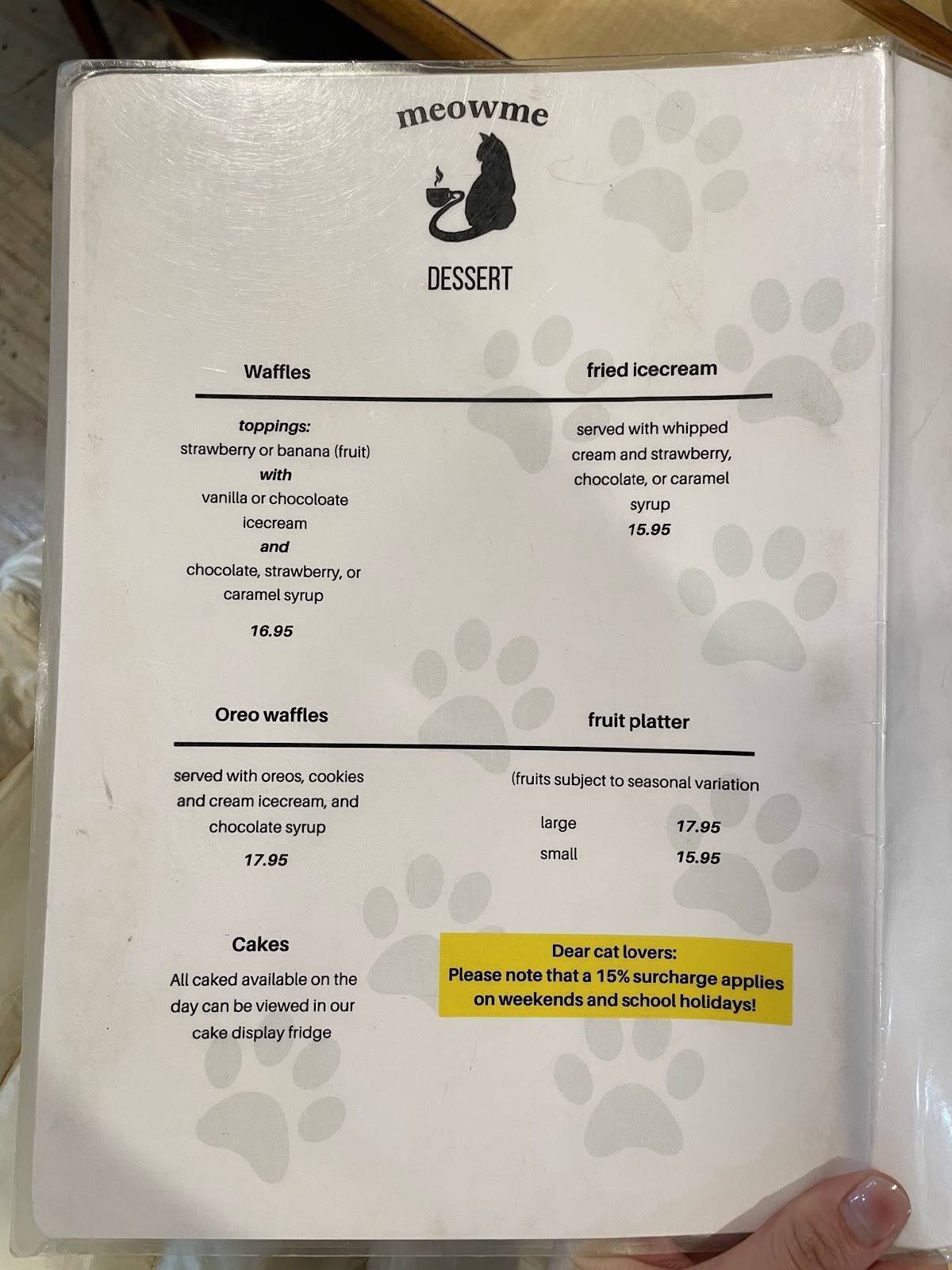 Menu at MeowMe Cat Cafe, Parkside